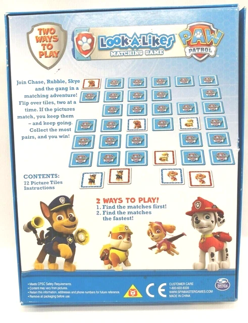PAW PATROL LOOK-A-LIKES Matching Game Nickelodeon Preschool Age 3+ 2-4 ...