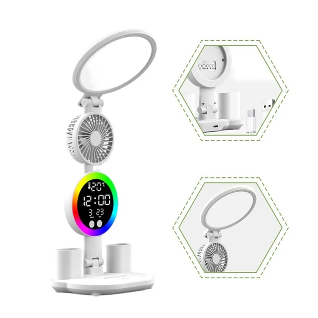 LED DESK LAMP USB Dimmable Touch with Calendar Clock Mini Fan Table ...
