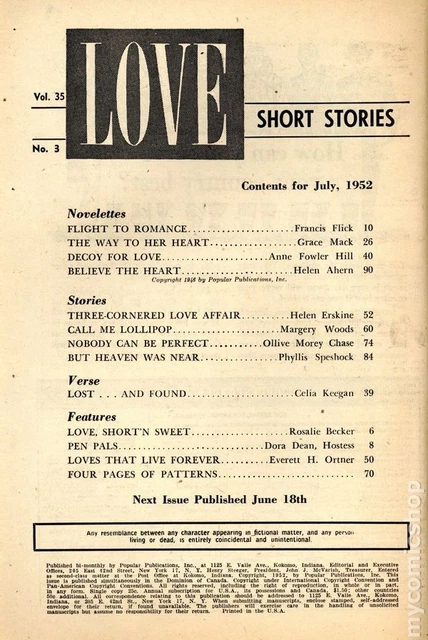 LOVE SHORT STORIES Pulp Jul 1952 Vol. 35 #3 VG- 3.5 Low Grade £8.52 ...