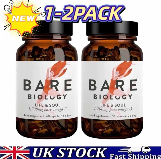 1-2PACK BARE BIOLOGY-LIFE & Soul 1,700mg Pure Omega 3 Fish Oil 60 ...