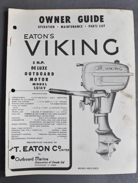 ORIG 1957 EATON'S Viking 5HP Deluxe Outboard Motor 5D14V Owner's Guide ...