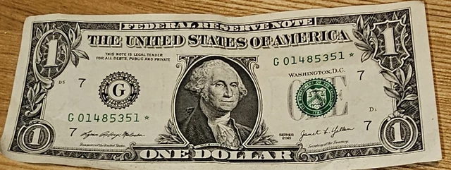 ONE DOLLAR 💵 Star 🌟 Note Serial Number G 01485351 🌟 £1.54 - PicClick UK
