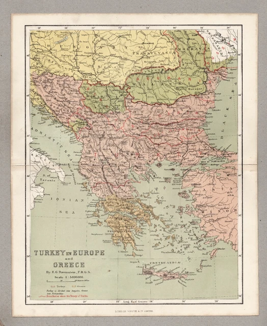 1885 ANTIQUE MAP of Turkey in Europe & Greece - Virtue & Co Ltd 13" x ...