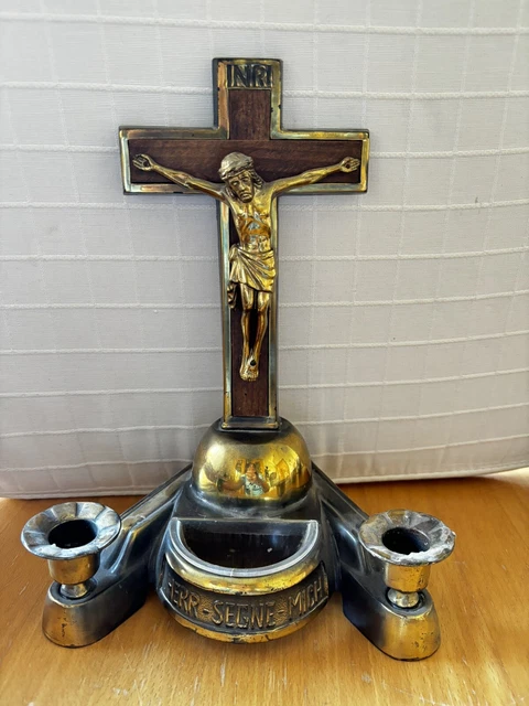 ANTIKER HAUSALTAR MESSING Mit Holz Kruzifix Weihwasser Kerzenhalter Vintage Rar EUR 39,00 ...
