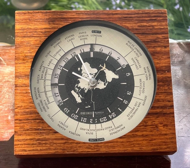 SEIKO QUARTZ WORLD Clock Time Airplane Vintage Working Desk Wood QZ877B ...