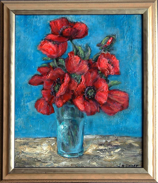 BLUMENSTILLEBEN MOHN IN Glasvase Gemälde 1951 Roter Mohn vor Blau Mohnblumen EUR 381,50 ...
