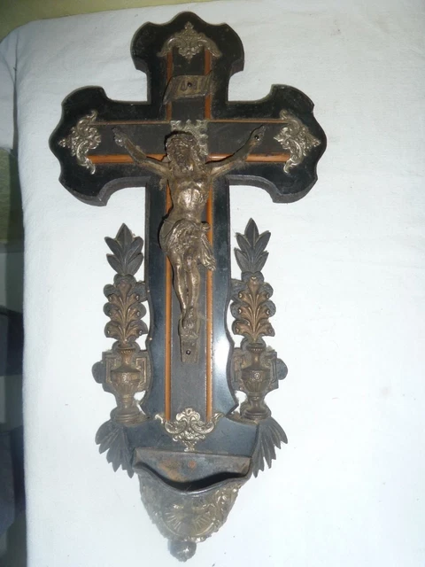 ANCIENNE CROIX BÉNITIER en Bronze et Bois Sculpté EUR 80,00 - PicClick FR