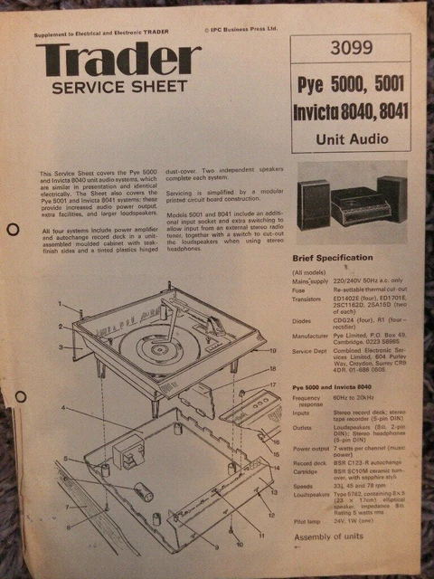 PYE 5000 5001 Invictor 8040 8041 model Unit Audio Record player ...