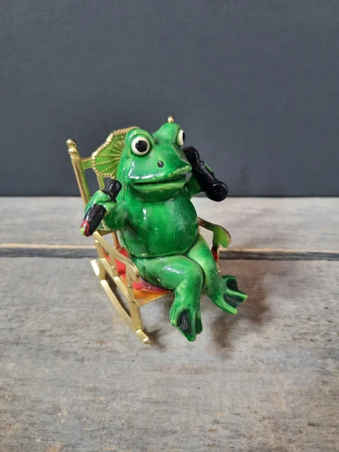 VINTAGE ENESCO MINIATURE Frog in Rocking Chair On The Phone Holding ...
