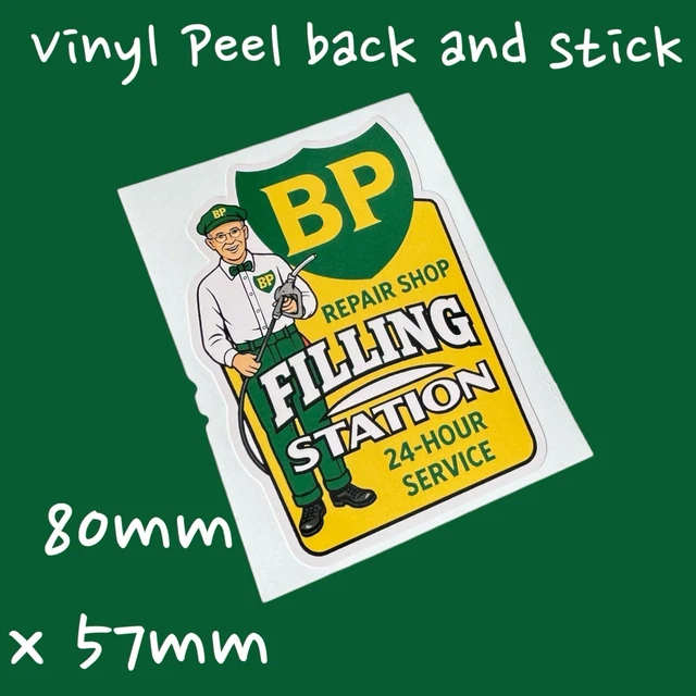 BP FILLING STATION man 24hr Oil Vinyl Sticker Can Jug pourer Pump oiler ...