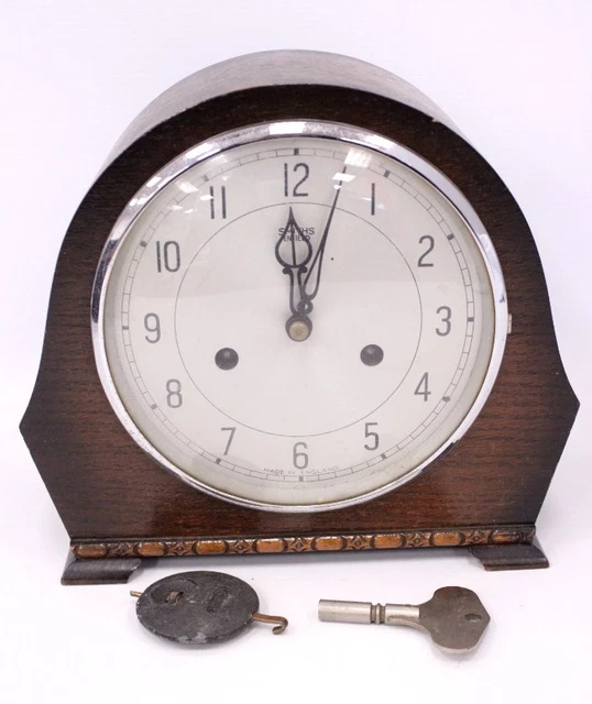 VINTAGE SMITHS WOODEN Mechanical Mantle Clock w/ Pendulum & Key - S80 £ ...