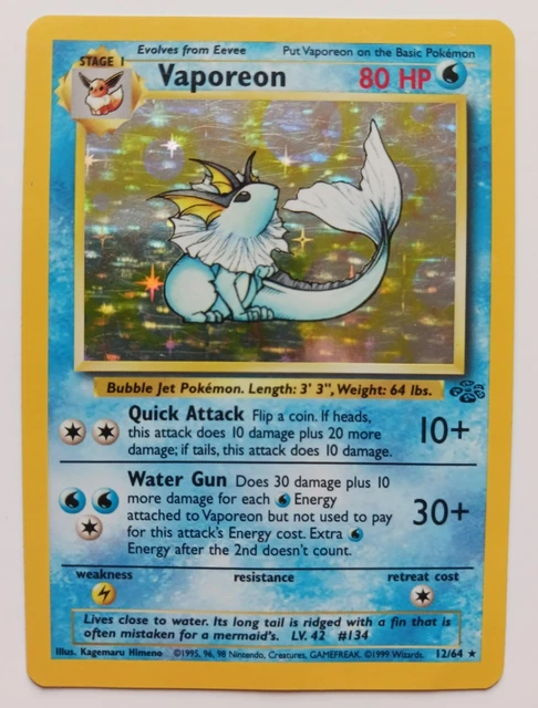 VAPOREON POKEMON CARD Holo WOTC 12/64 Jungle Set Rare Vintage 1999 ...