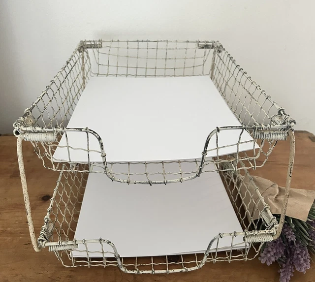 VINTAGE MID-CENTURY INDUSTRIAL Wire File TRAY Office Desk Paper DOUBLE ...