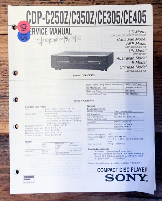 SONY CDP-C250Z -C250Z -CE305 -CE405 CD Player Service Manual *Original ...