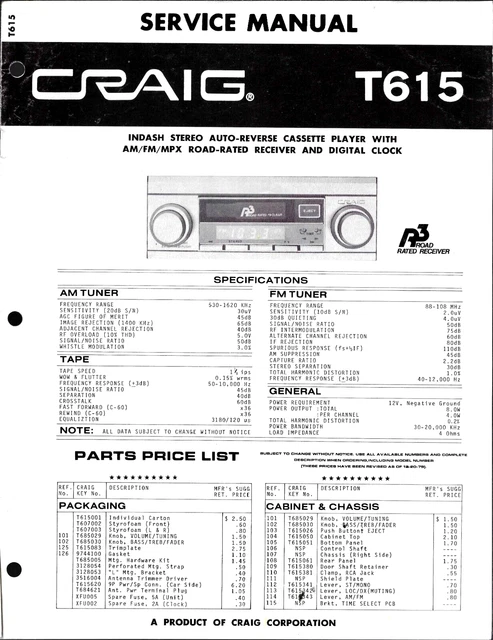 CRAIG T615, LETTORE Cassette Auto-Rev Stereo, Con Radio Am/Fm/Mpx ...