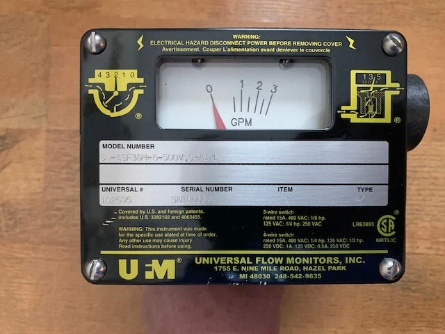 UFM UNIVERSAL FLOW MONITOR SN-ASF3GM-6-500V.9-A1XL 3 wire switch 15 amp ...