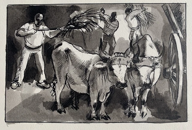 DESSIN ANCIEN ENCRE Gérard Cochet (1888-1969) Paysans Animaux Étable ...