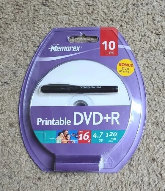 MEMOREX DVD+R 10 pack Printable & Marker 120min 4.7GB 16x NEW Ships ...