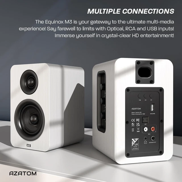 60W BLUETOOTH BOOKSHELF Speakers White 24bit DAC Carbon Fibre Optical £ ...