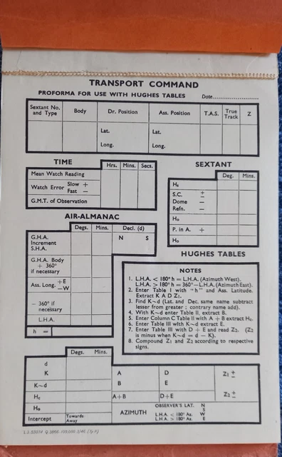 VINTAGE RAF WWII Proforma Transport Command For Use With Hughes Tables ...