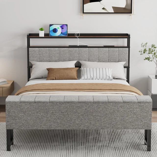LUXURY GREY FABRIC BED FRAME SET UPHOLSTERED WITH HEADBOARD 4FT6 DOUBLE ...