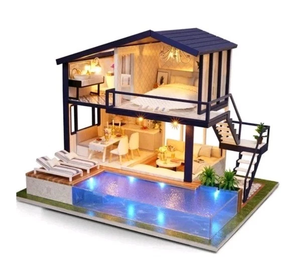 DIY MINIATURE DOLLHOUSE Kit with Furniture LED Light Wood Villa House ...