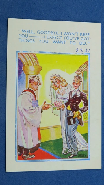 RISQUE SAMPLE COMIC Postcard 1950s White Wedding Dress Bouquet Church ...