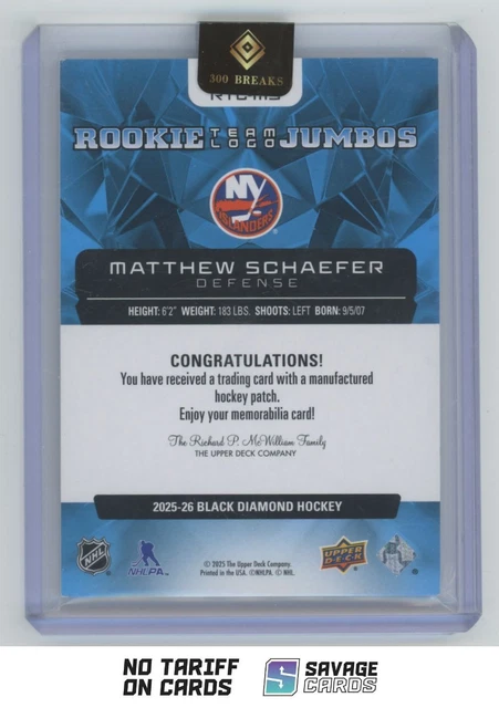 2025-26 UD BLACK Diamond Rookie Team Logo Jumbos Matthew Schaefer #RTL ...