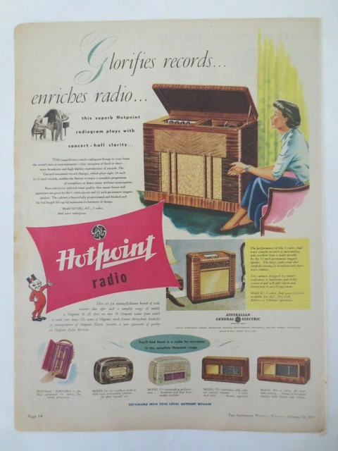 VINTAGE AUSTRALIAN ADVERTISING 1951 ad HOTPOINT RADIO mantel radiogram ...