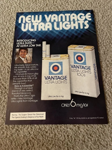 VINTAGE 1980 VANTAGE CIGARETTES ULTRA LIGHTS 100's Pack Print Ad $6.99 ...