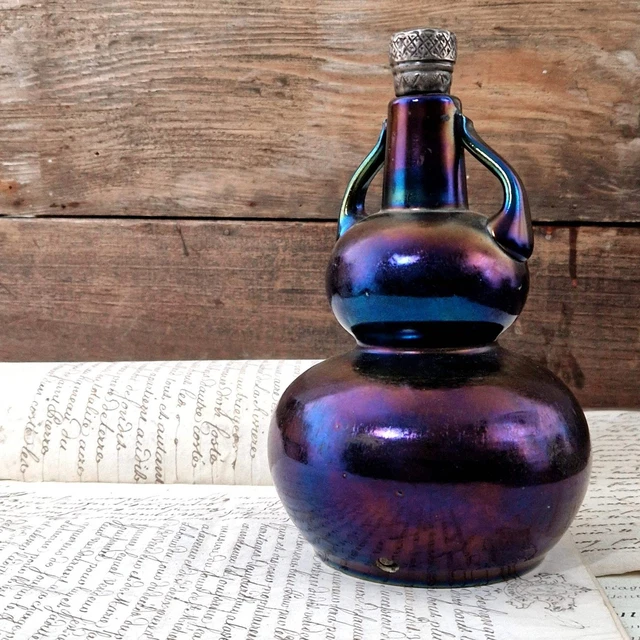 FLACON À DOUBLE panse en verre irisé - Bouchon argent et bois EUR 109 ...