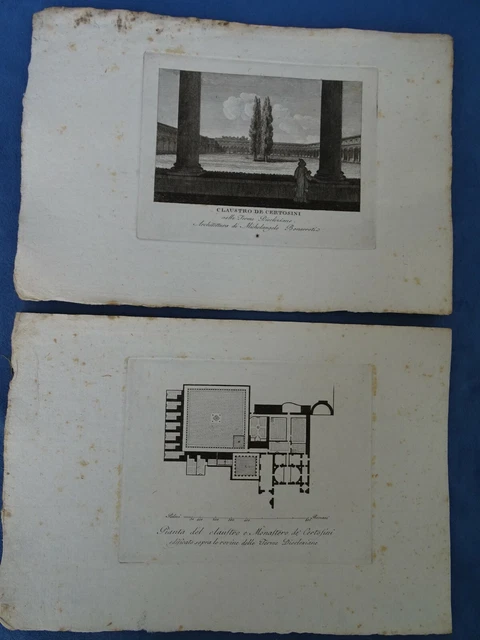 DUE INCISIONI ALL'ACQUAFORTE-1830-ROMA-VEDUTA E Pianta Claustro De ...