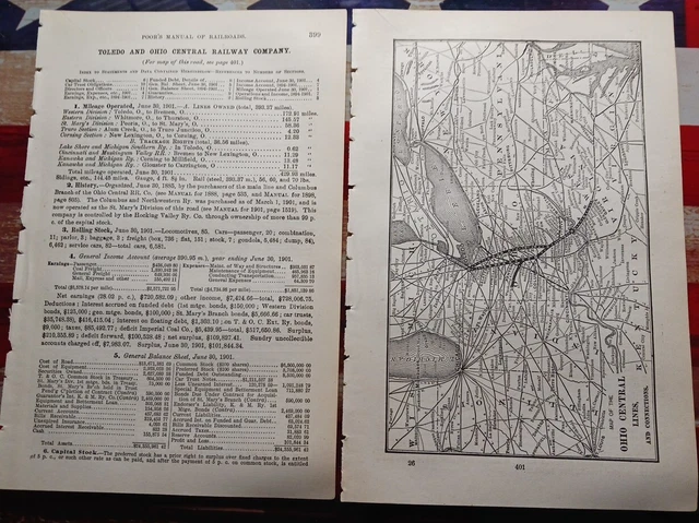 1902 TRAIN ROUTE Map + Report TOLEDO & OHIO CENTRAL RAILWAY Thurston ...
