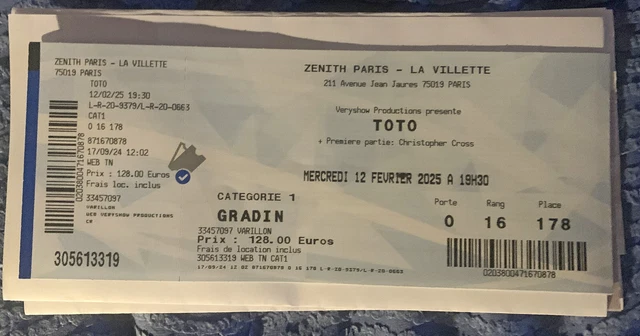 TOTO/CHRISTOPHER CROSS BILLET Concert Zenith De Paris 2025 EUR 128,00 ...