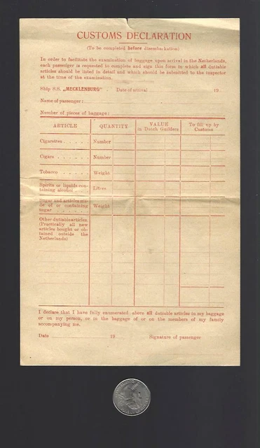 VINTAGE DUTCH PASSENGER Ship S.S.Mecklenburg Customs Declaration Form ...