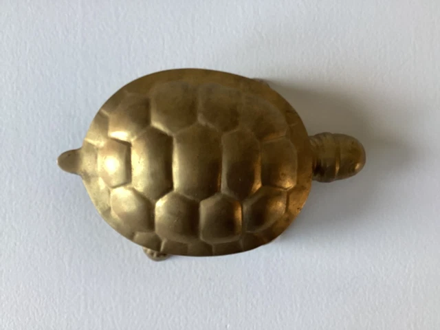 VINTAGE BRASS TURTLE trinket box hinged lid 6"L Jewellery /trinket/soap ...