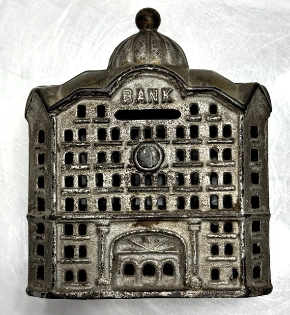 ANTIQUE AC WILLIAMS Cast Iron Still Bank 1920s Coin Bank Building Twist ...