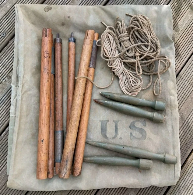 MILITARIA US WW2 toile de tente OD3 et matricule et mats pliable 1942 ...