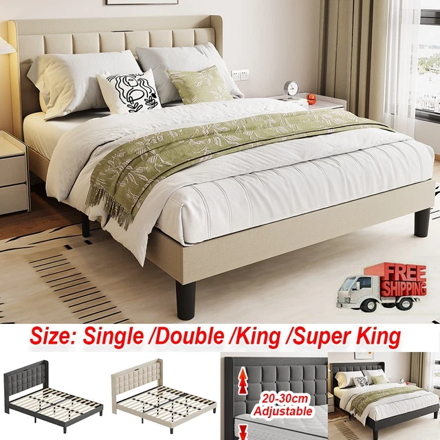 MODERN BED FRAME Linen Upholstered Headboard Single Double Super King ...