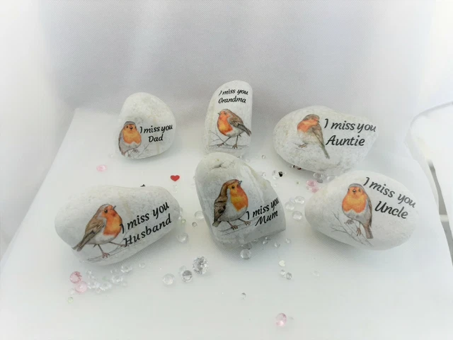 GRAVESIDE ROBIN MEMORIAL Pebble Stone Remember Loved One Mum Dad Nan ...