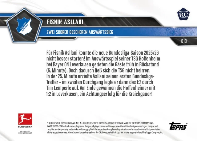 TOPPS NOW BUNDESLIGA 2025-26 - Fisnik Asllani Zwei Scorer bei Sieg - RC ...