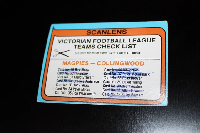 COLLINGWOOD MAGPIES CHECKLIST 1980 VFL Scanlens trading card $3.50 ...