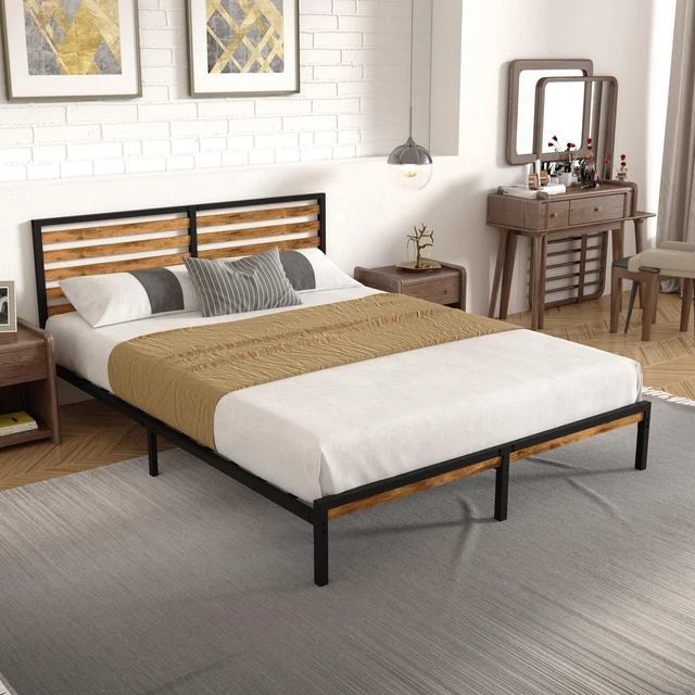 XINBEDEU KING BED Frame, Vintage Wooden Headboard, Metal Platform King ...