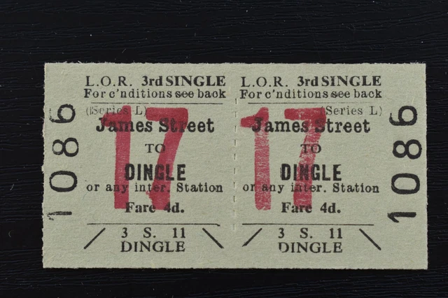LIVERPOOL OVERHEAD RAILWAY Ticket LOR JAMES STREET to DINGLE No 1086 £3 ...
