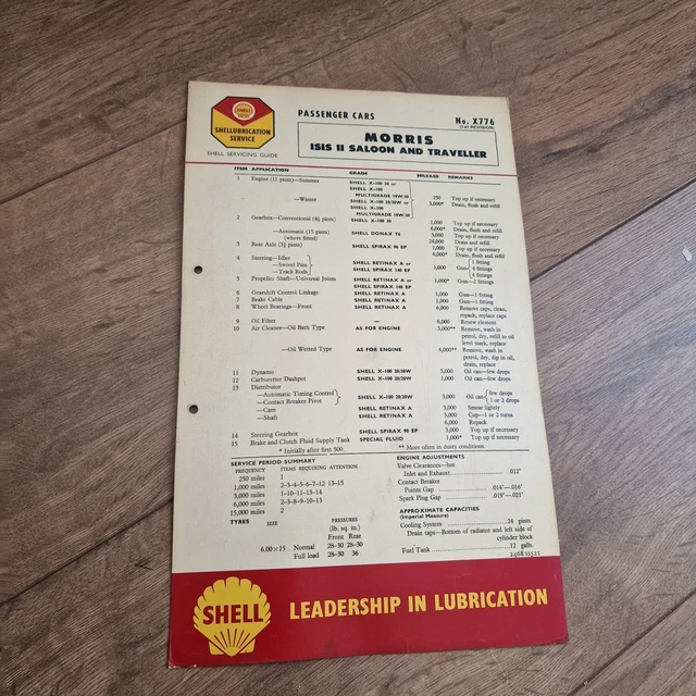 VINTAGE SHELL OILS Lubrication Chart Morris Traveller 1950s £16.13 ...