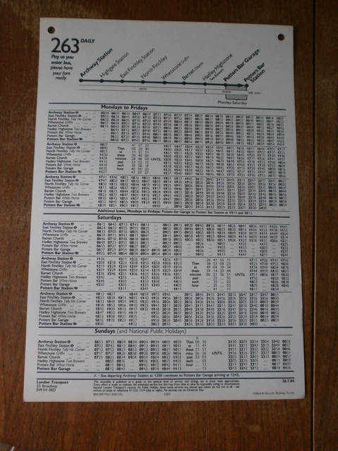 LONDON TRANSPORT BUS Stop Timetable Panel-Route 263, 1984 £1.50 ...