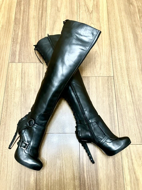 Topshop Persia Premium Black Over The Knee Leather Platform Boots Size