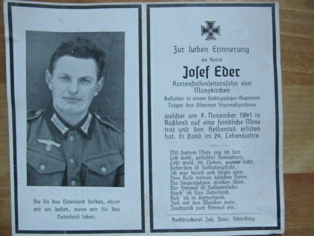 RARE 2 PG WWII German Death Card, KIA 1941, Russia, From Stepping on ...