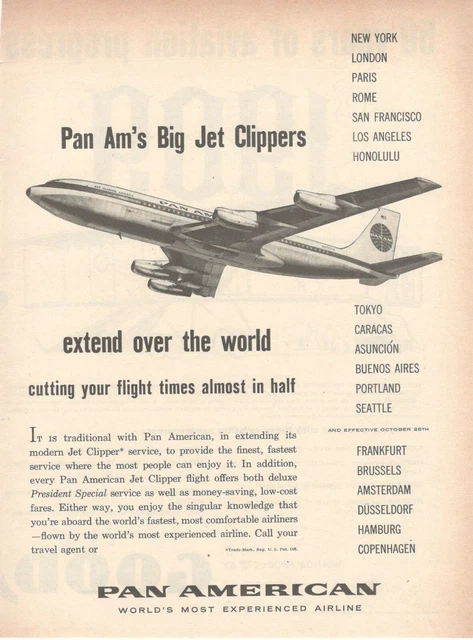 1959 PUBLICITÉ VINTAGE Pan-Am Airlines Américain Big Jet Clippers EUR ...