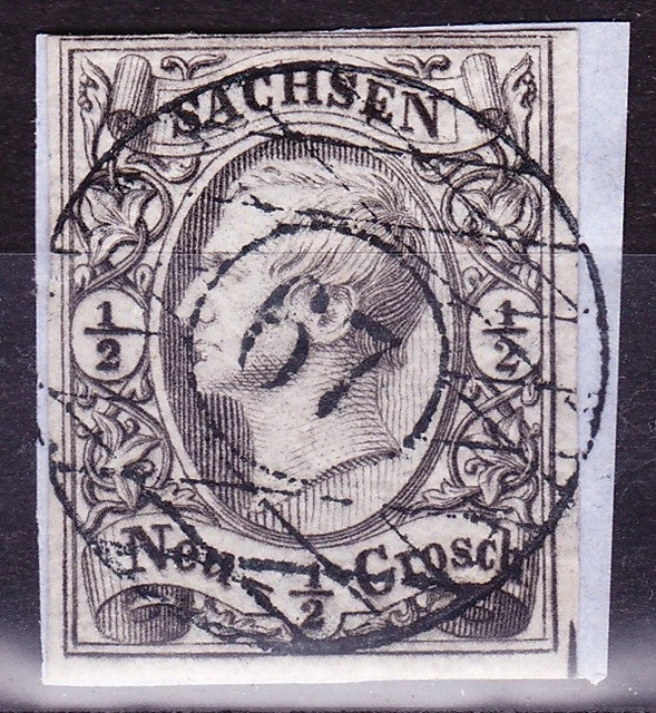 SACHSEN NR. 8 Nummerngitterstempel 67 Kahla Briefstück Trennstrich ...